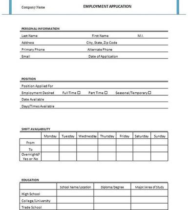 Retail Employment Application Template